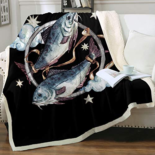 Sleepwish Zodiac Sign Throw Blanket Vintage Pisces Fish on Black Soft Warm Sherpa Blankets Bed Throws Watercolor Fleece Plush Fuzzy Blanket King(108"x90")