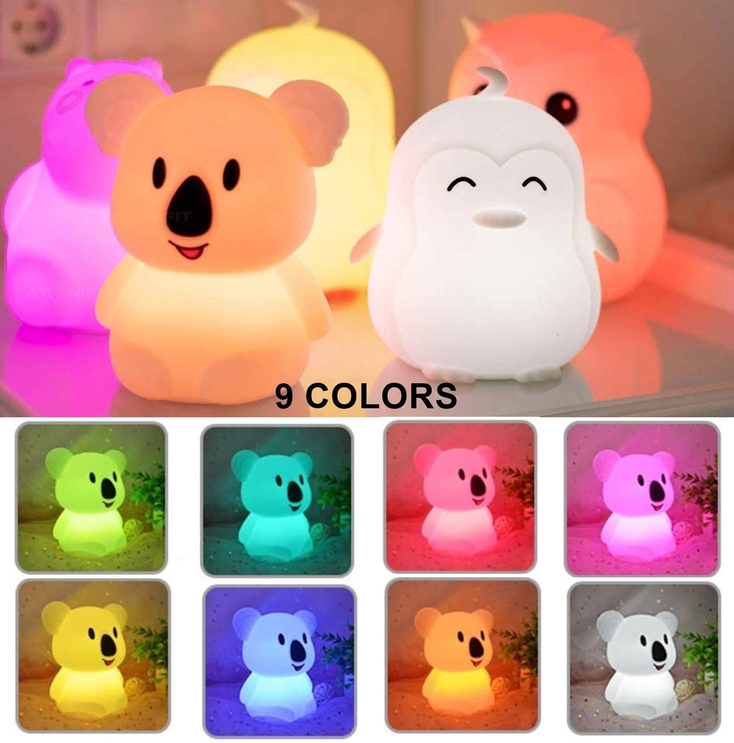 Glinrui Koala Night Light for Kids Silicone Bedside Bedroom Lighting, Baby Nursery Light Sleeping NightLights, Color Changing Lamps - Eye Caring, Adjustable Brightness & Color, Time Setting - Medium