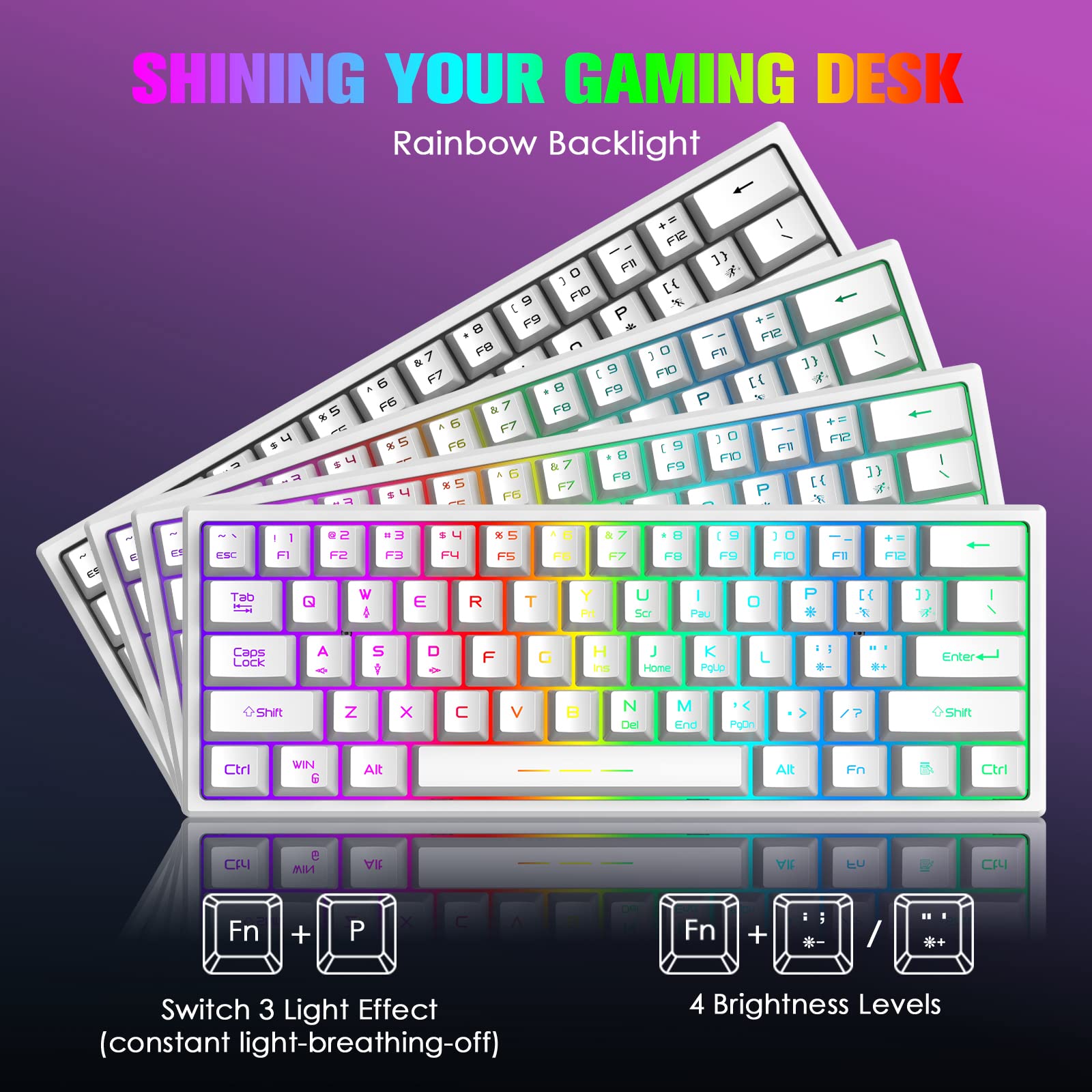 A.JAZZ Wireless Gaming Keyboard and Mouse Combo with 61 Key TKL Rainbow LED Backlight Rechargeable 4000mAh Battery Mechanical Feel Anti-ghosting Ergonomic Waterproof RGB Mute Mice for Win/Mac (White)