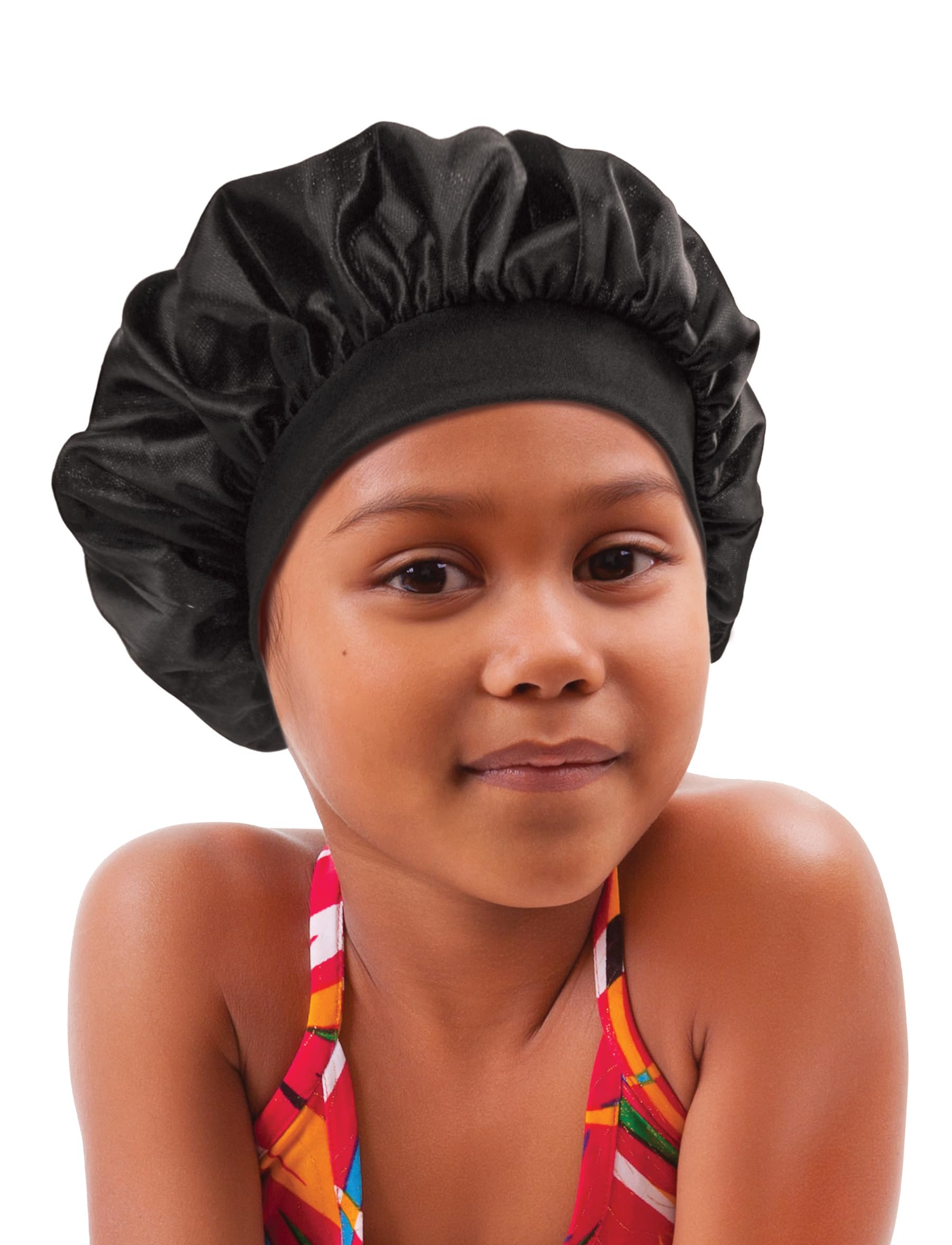 Donna Kids Comfort Band Bonnet for Sleeping Cap Soft Silk Night Hats for Natural Hair Teens Toddler Child Baby Double Showering Caps, Shower for Kids 1pc, Black Color
