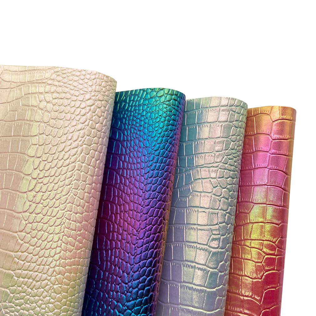 8 x 12 inches Holographic Iridescence Crocodile Faux Leather Sheets, 7pcs A4 Shiny Alligator Textured Synthetic Leather Fabric for Crafts Making Leather Earrings, Bows,Sewing 