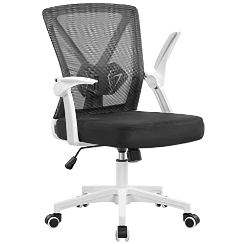 Topeakmart Office Chair Ergonomic Desk Chair with Adjustable Lumbar Support, Mid Back Mesh Computer Chair with Flip-up Armrests Task Chairs, Executive Chair for Home Office, White