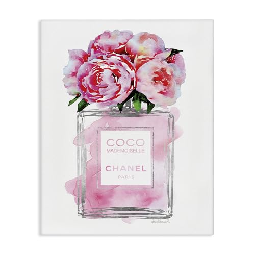 Stupell Industries Glam Perfume Bottle V2 Flower Silver Pink Peony Stretched Canvas Wall Art, Proudly Made in USA