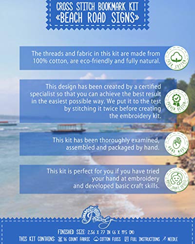 Beach Signs Cross Stitch Bookmark - Coastal Wood Signs Embroidery Set with Paper Pattern, 16 Count Aida Cloth and Pre-Sorted Floss