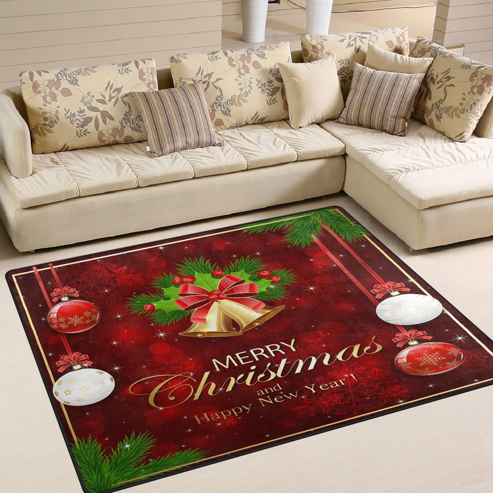 ALAZA Merry Christmas Snowflake Ball Snow Red Non Slip Area Rug 7' x 5' for Living Dinning Room Bedroom Kitchen Hallway Office Modern Home Decorative