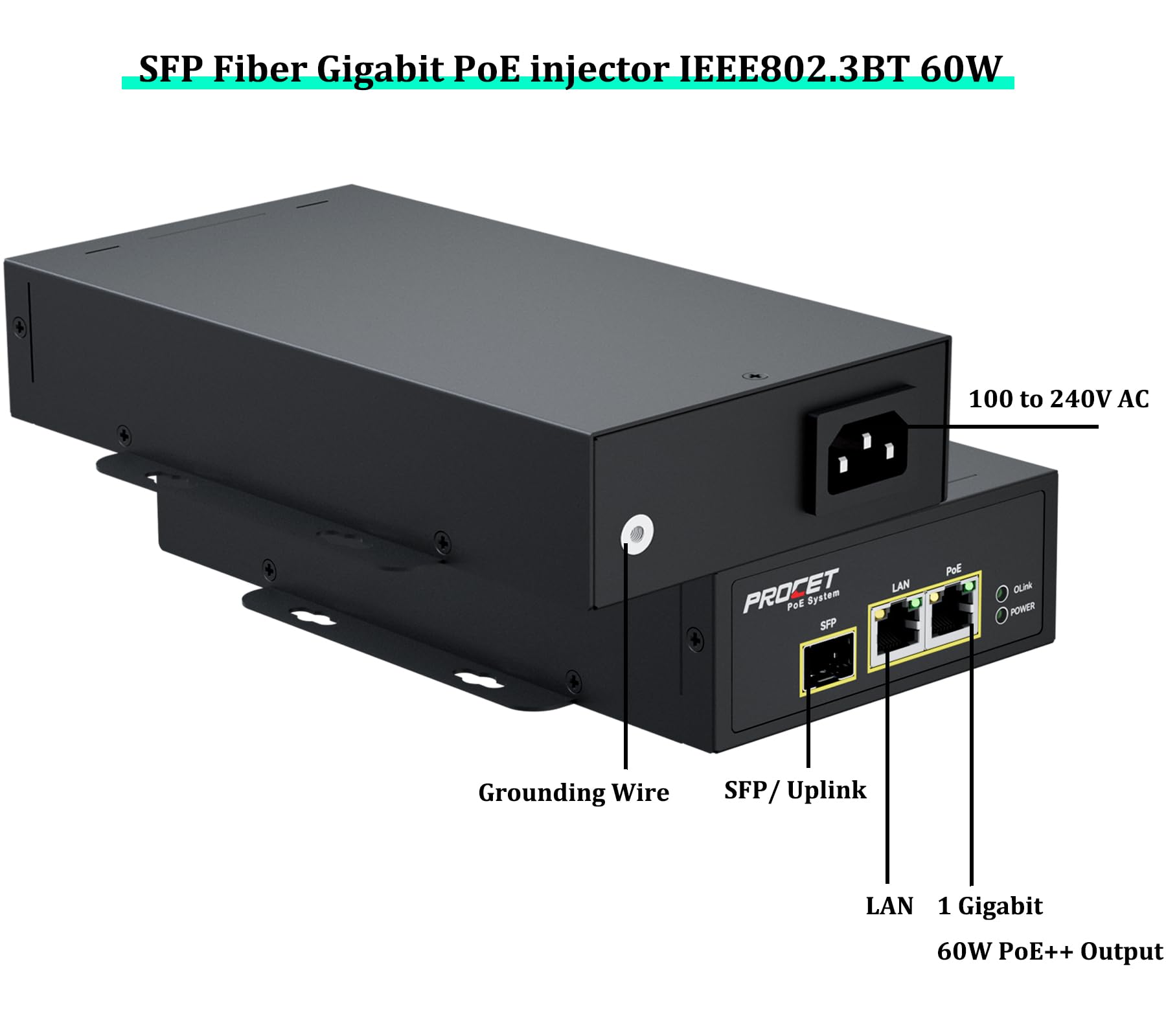 PROCET 60W SFP Fiber PoE Injector Gigabit SFP/ Uplink PoE Power Supply, LAN Multi-Options, IEEE802.3at/bt PoE++, PoE 6KV Surge Protection, Wide Temp -40℉ to 149℉, PT-PSE107GRO-S