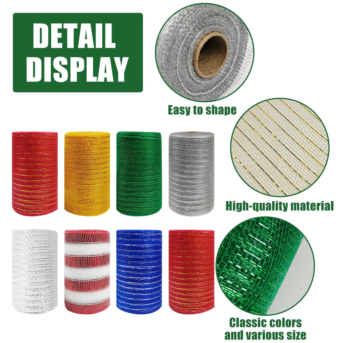 8 Rolls Christmas Mesh Ribbon, Christmas Mesh Fabric Ribbons with Metallic Foil Poly Deco Mesh Ribbon for Christmas Xmas Tree Bows Garland Decoration