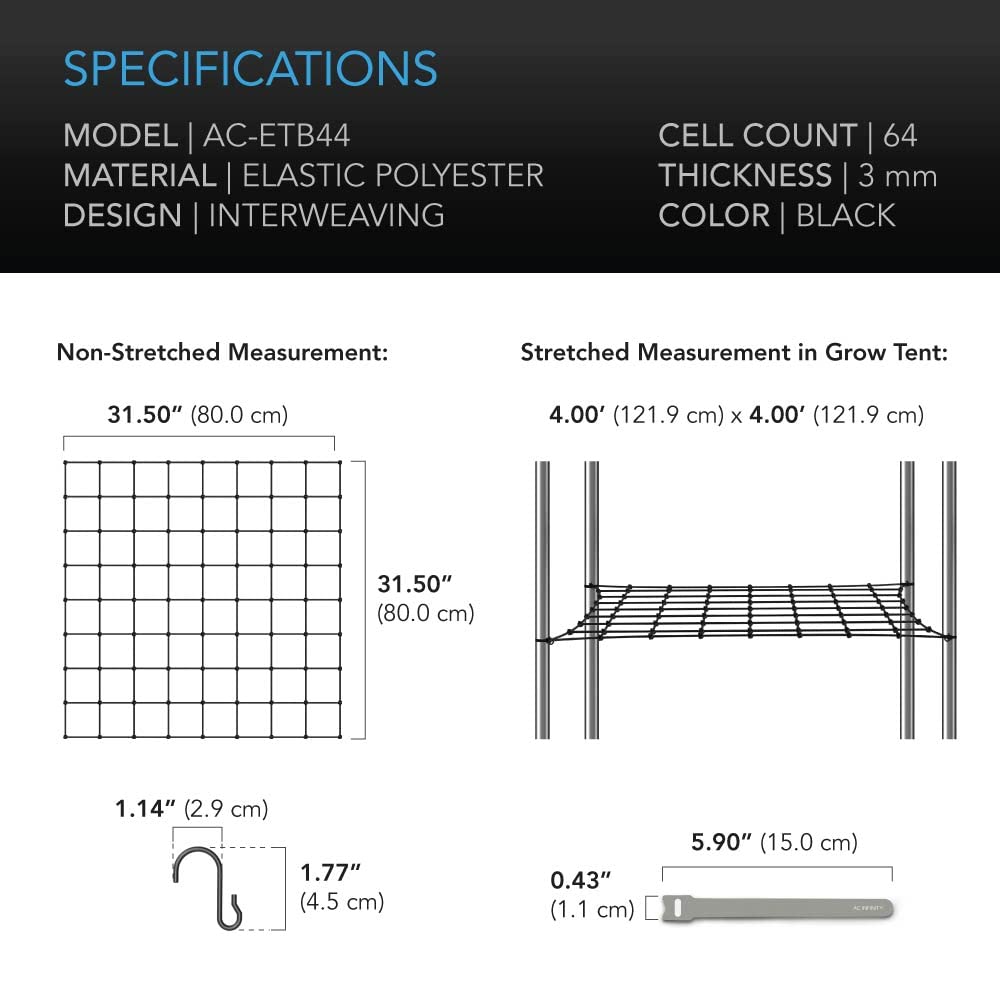 AC Infinity Grow Tent Trellis Netting 4x4', Heavy-Duty Elastic Plant Net with Steel Hooks, Flexible Hydroponics Support for Grow Tents, Gardening, and Horticulture