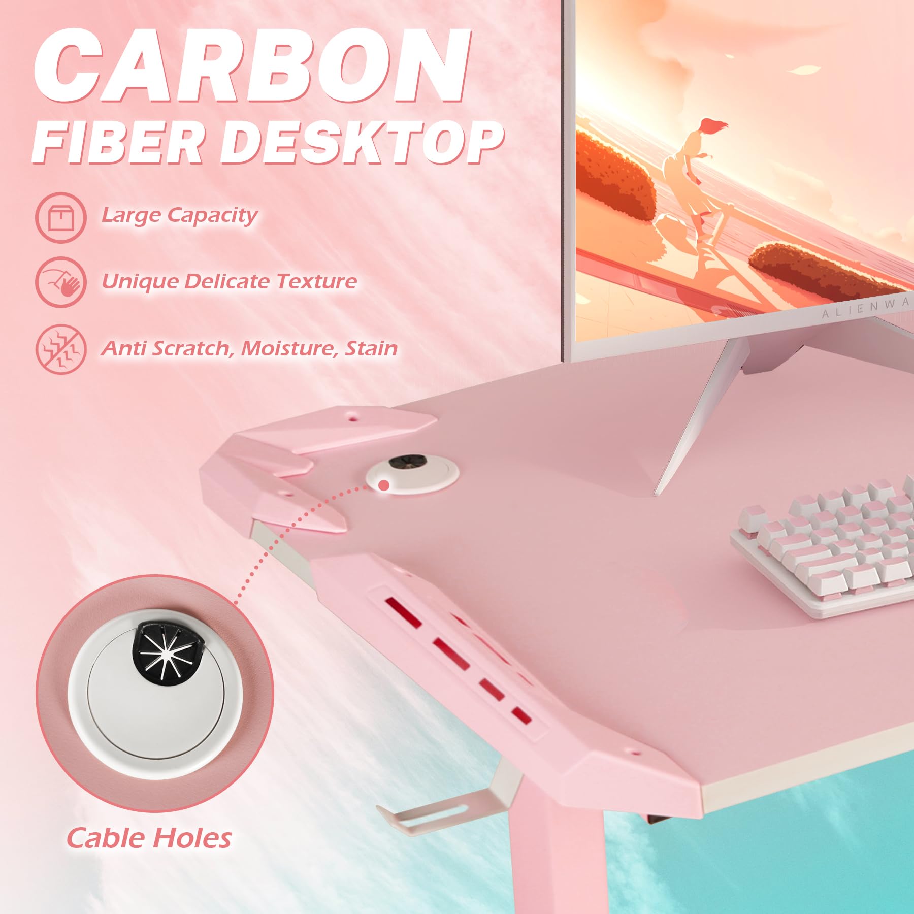 44 Inch T Shaped Gaming Desk, Pink PC Computer Gaming Table Standing Home Office Desk with Mouse Pad & Game Handle Rack, Study Writing Workstation with Outlet Tray Cup Holder Headphone Hook