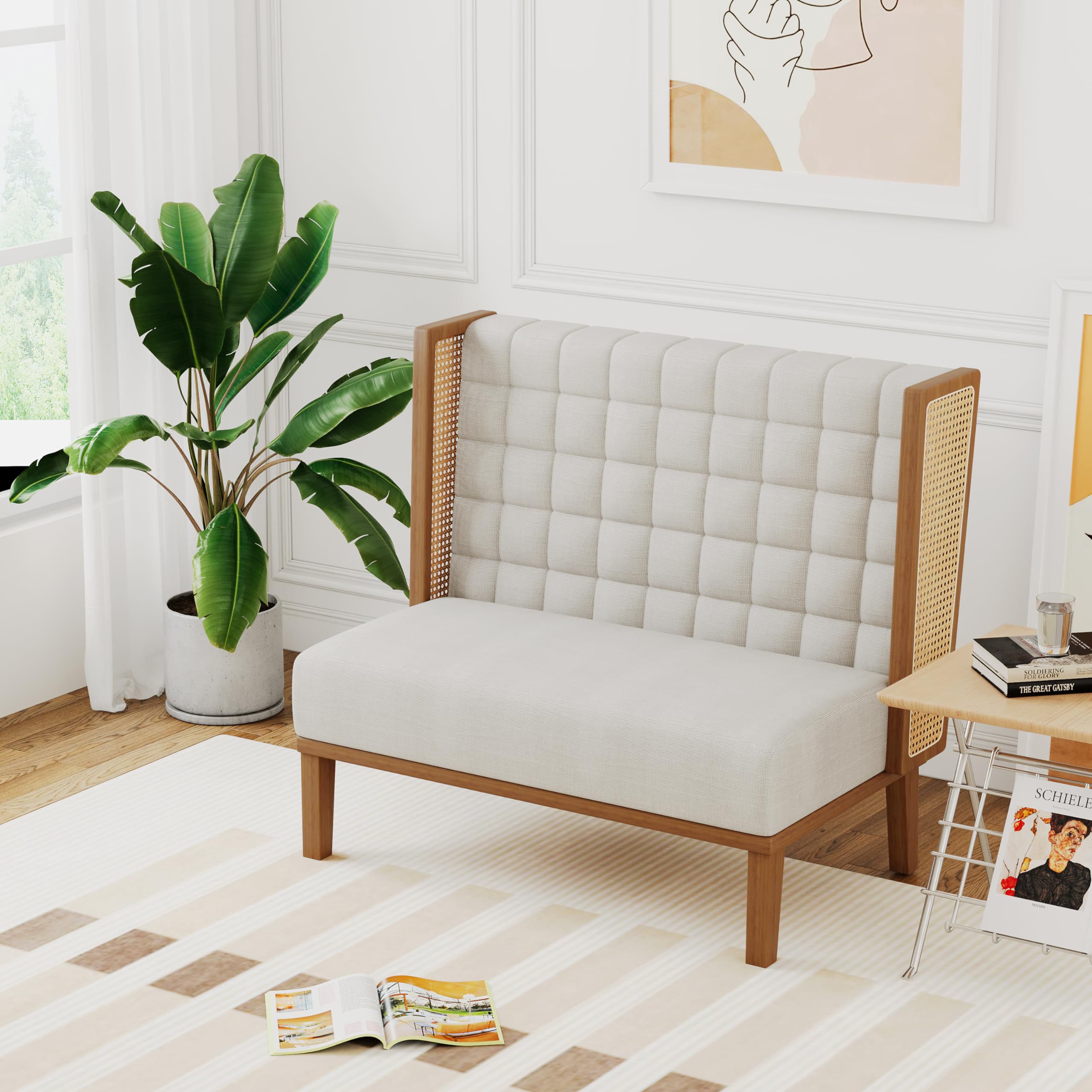 Andeworld Loveseat Settee Bench with Rattan Arms, Upholstered Modern Mini High-Back Sofa Couch,Banquette Dining Bench for Living Dining Room Bedroom Office Small Space Entryway,Beige