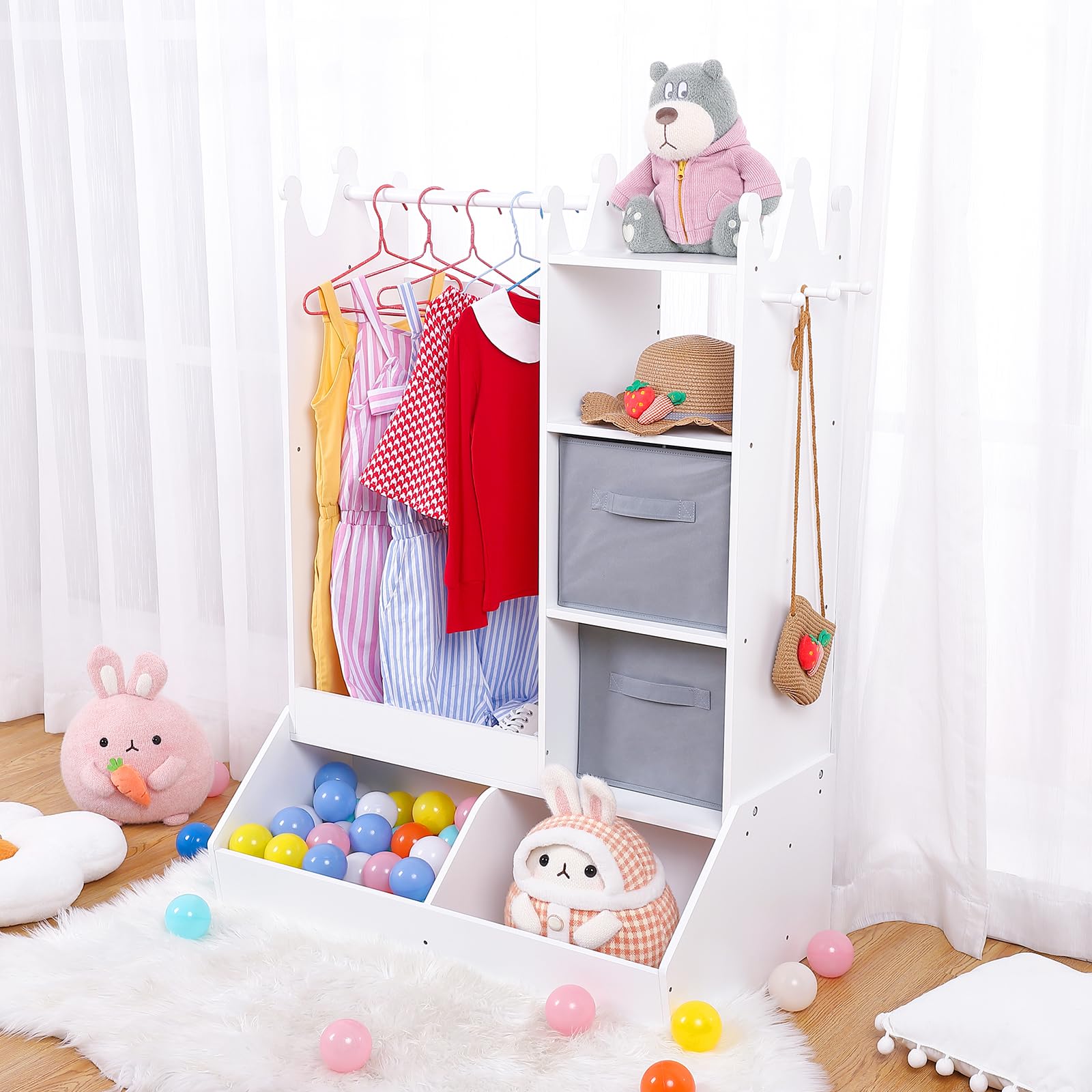 White Dress-Up Storage for Girls - Includes Light, Mirror, Clothing Rack with Bin, and Open Hanging Armoire Closet