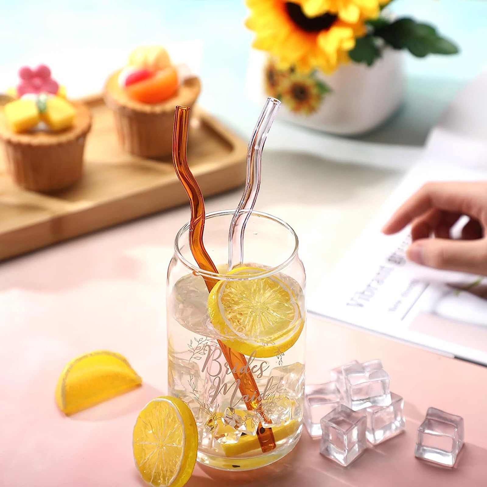 6 Pcs 7.87"×8mm Wavy Glass Straws, Reusable Colorful Glass Straws with 1 Cleaning Brush -Perfect For Juice, Tea, Coffee, Cocktails and Lemonade.