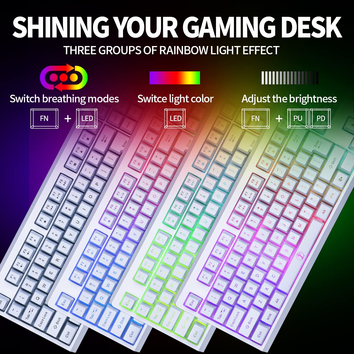 Wireless Gaming Keyboard and Mouse Combo, 104 Keys Standard US Layout RGB Backlit Rechargeable Mechanical Feel Waterproof Mute Mouse for Gamers(White)