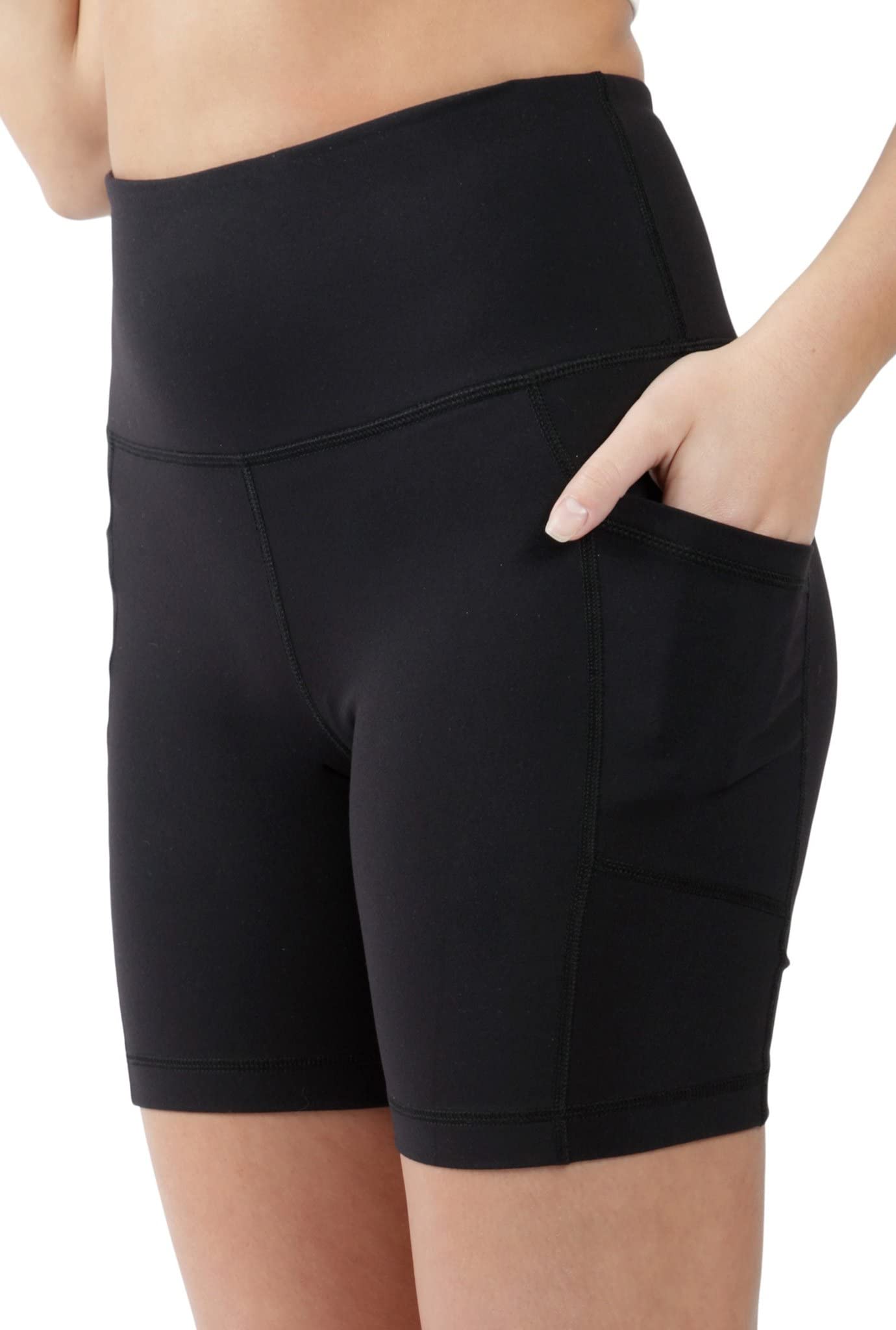 90 Degree By Reflex - High Waist Power Flex Biker Shorts with Side Pockets - 5", 7", 9" - Black 7" - Small