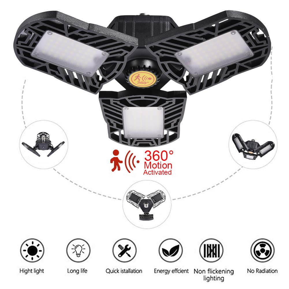60W Deformable LED Garage Light, Motion Activated Garage Lighting, 6000LM Ceiling Light E26/E27 Factory Industrial Lighting, Cold White 6000K Light IP65 For Garage, Warehouse, Workshop