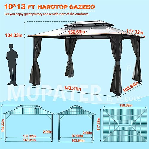 MUPATER 10x13FT Outdoor Polycarbonate Hardtop Gazebo with Double Roof Canopy, Aluminum Frame, Netting and Curtainsfor Patios, Deck, Lawns, Gardens