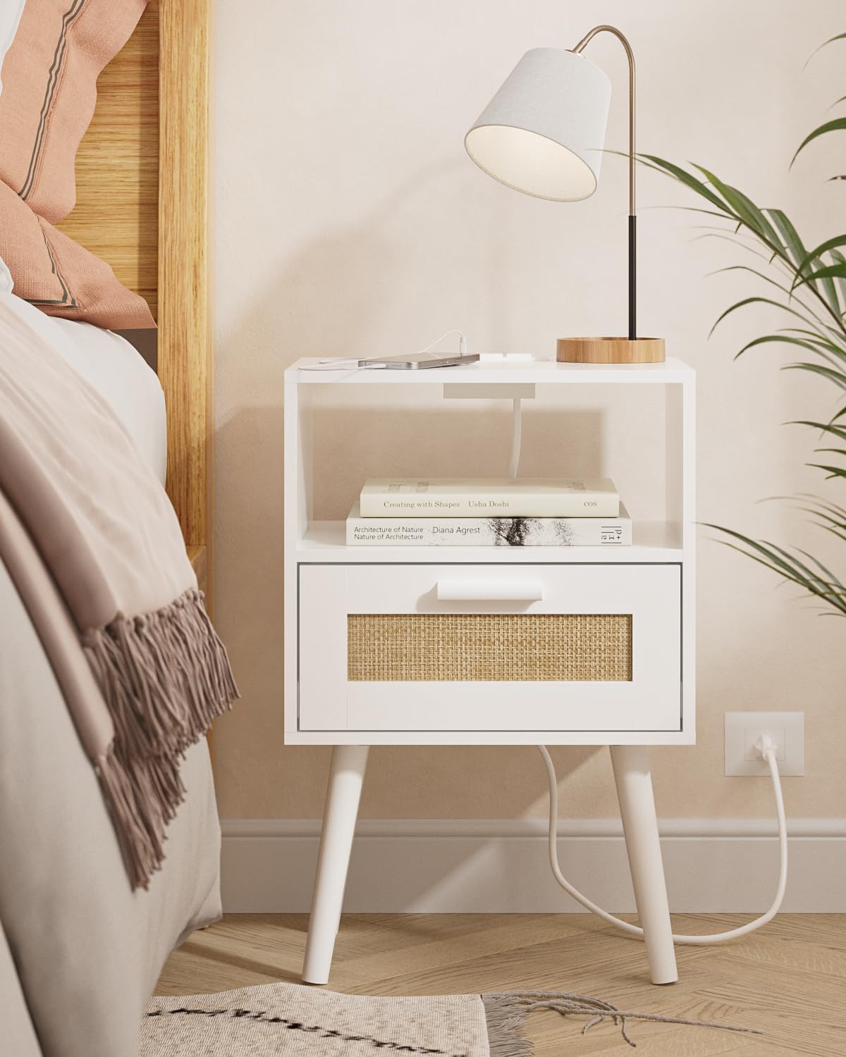 Aobafuir Nightstands with Charging Station, End Table, Rattan Nightstand, Side Table with Hand Made Rattan Decorated Drawers, Wood Accent Table with Storage for Bedroom,White