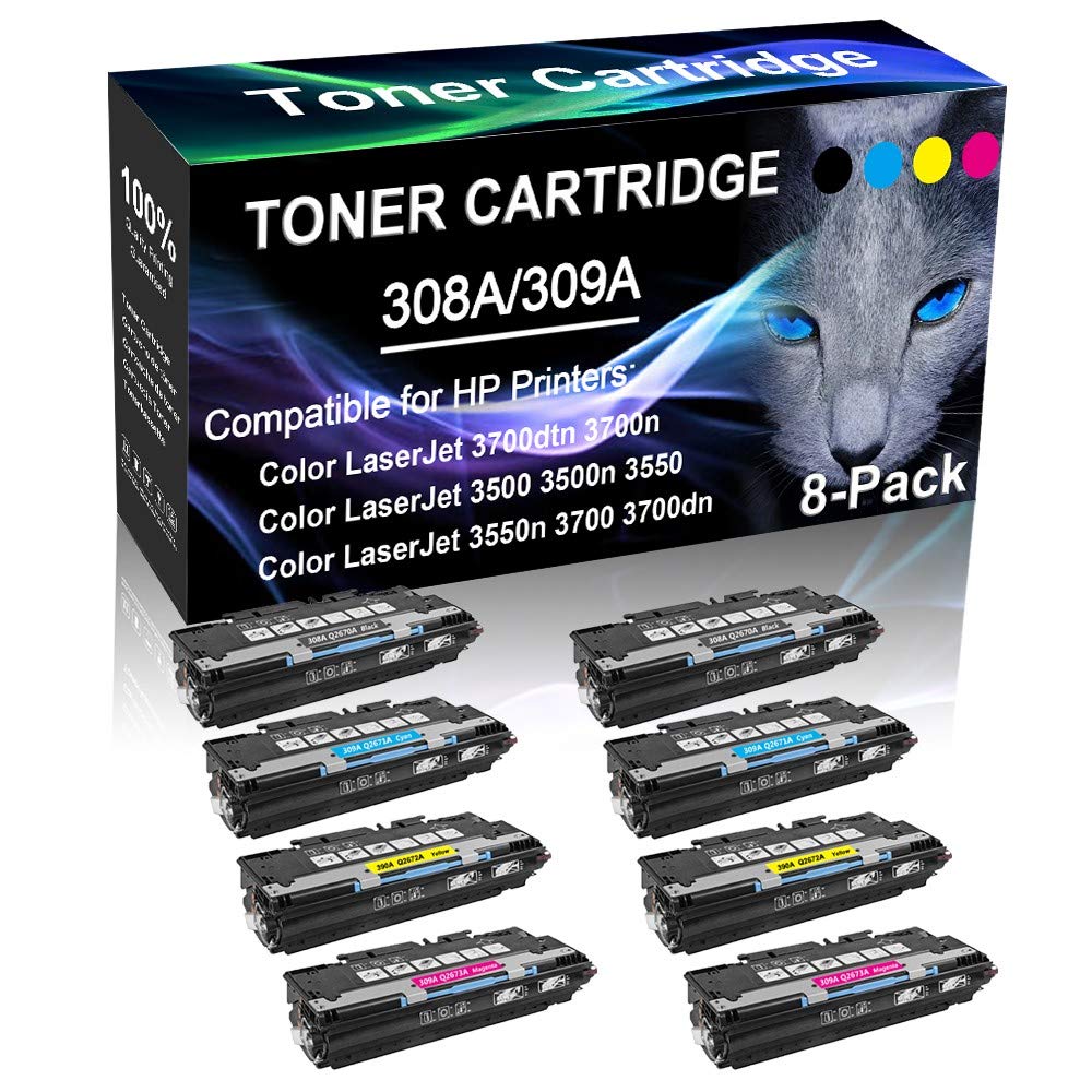 8-Pack (2BK+2C+2Y+2M) Compatible High Yield 308A 309A (Q2670A Q2671A Q2672A Q2673A) Toner Cartridge use for HP Color 3700DTN 3700HDN 3700N Printer