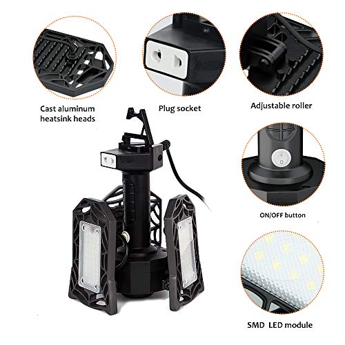 60W LED Garage Lights with Hook and Plug, 6000LM 6000K Super Bright LED Garage Ceiling Lights, Handheld Deformable LED Shop Lights with Adjustable Panels for Garage, Workshop, Warehouse