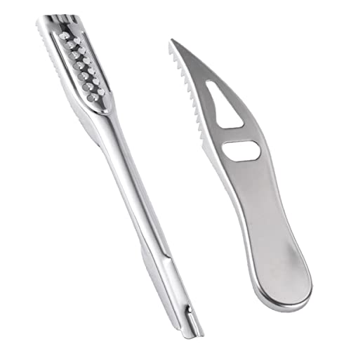 BESTonZON 3 Sets Scaler Skin Manual Scale Cleaner Peeler Flat Bottle Scraper Prong+Flat Knives Opener Tool Kitchen Seafood Faster Removing Prong Steel Fishs Remover Fish Accessories Easier