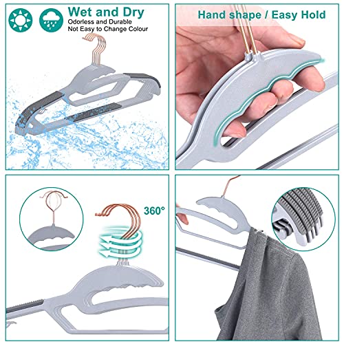 TIMMY Plastic Hangers, 50 Pack Ultra Thin Non Slip Clothes Hanger Space Saving Coat Hangers, 360°Rotating Rose Gold Hook Hanger Heavy Duty Pant Hangers (Grey)
