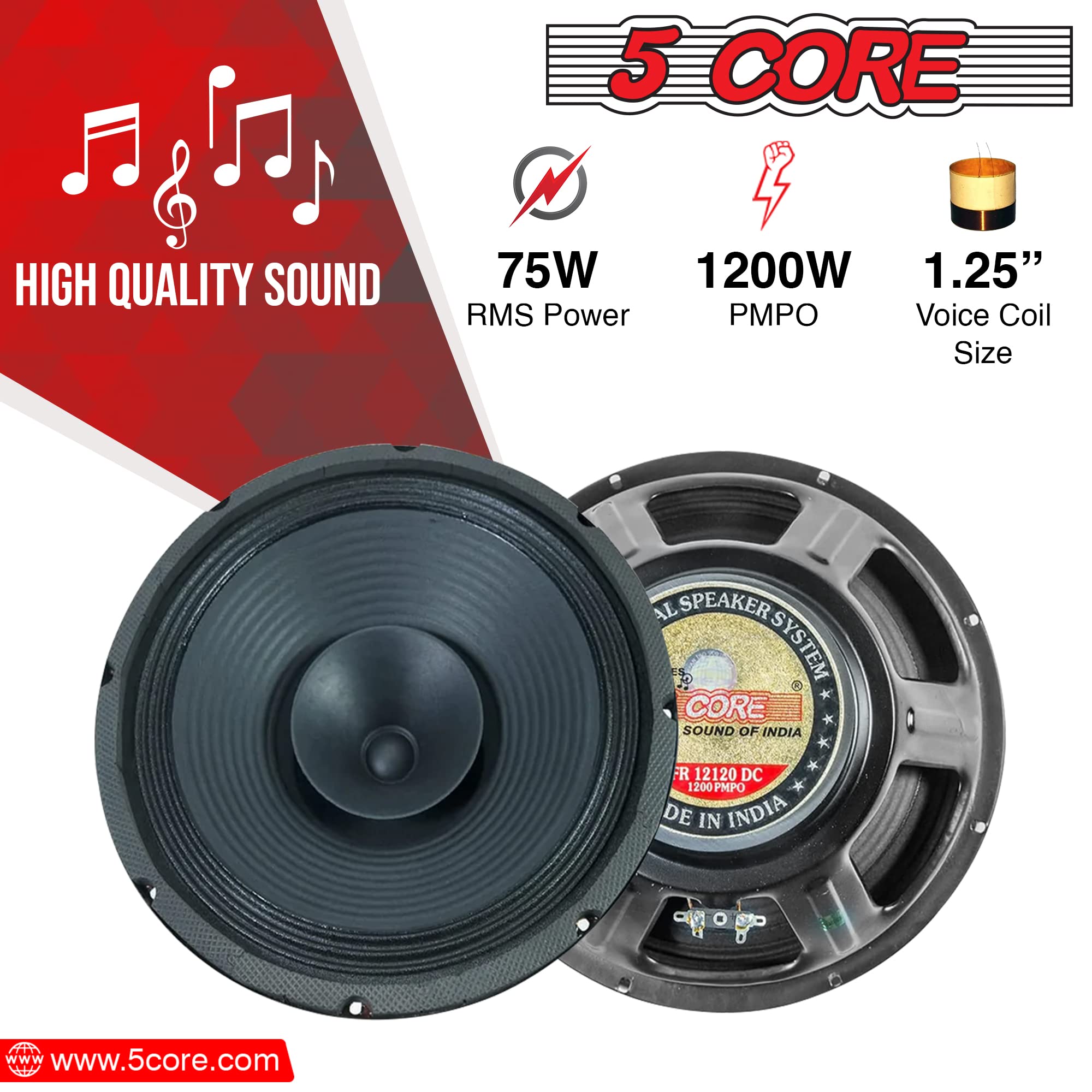 5 CORE 12 inch 1200W PMPO Guitar Amplifier Speaker, Superior Guitar Amplifier Universal Replacement Speaker- 8Ω, Dual Cone, 75W RMS, Black FR-12120DC GTR