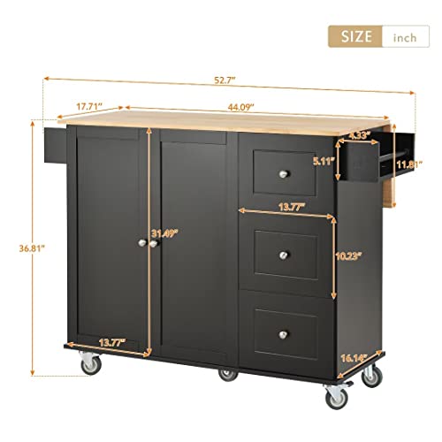Ayvbir Kitchen Island On Wheels with Drop Leaf Black Rolling Kitchen Cart with Storage Cabinet Mobile Island Table w/ 2 Doors, 4 Drawers, Spice Rack & Towel Rack for Breakfast, Dining