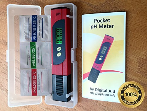 Digital Aid Professional pH Meter with Large Backlit LCD Screen. Range 0.00 to 14.0 pH. 3 Free pH Buffer Solution Powders Included. Lifetime Guarantee on this Accurate and Reliable pH Test Meter.
