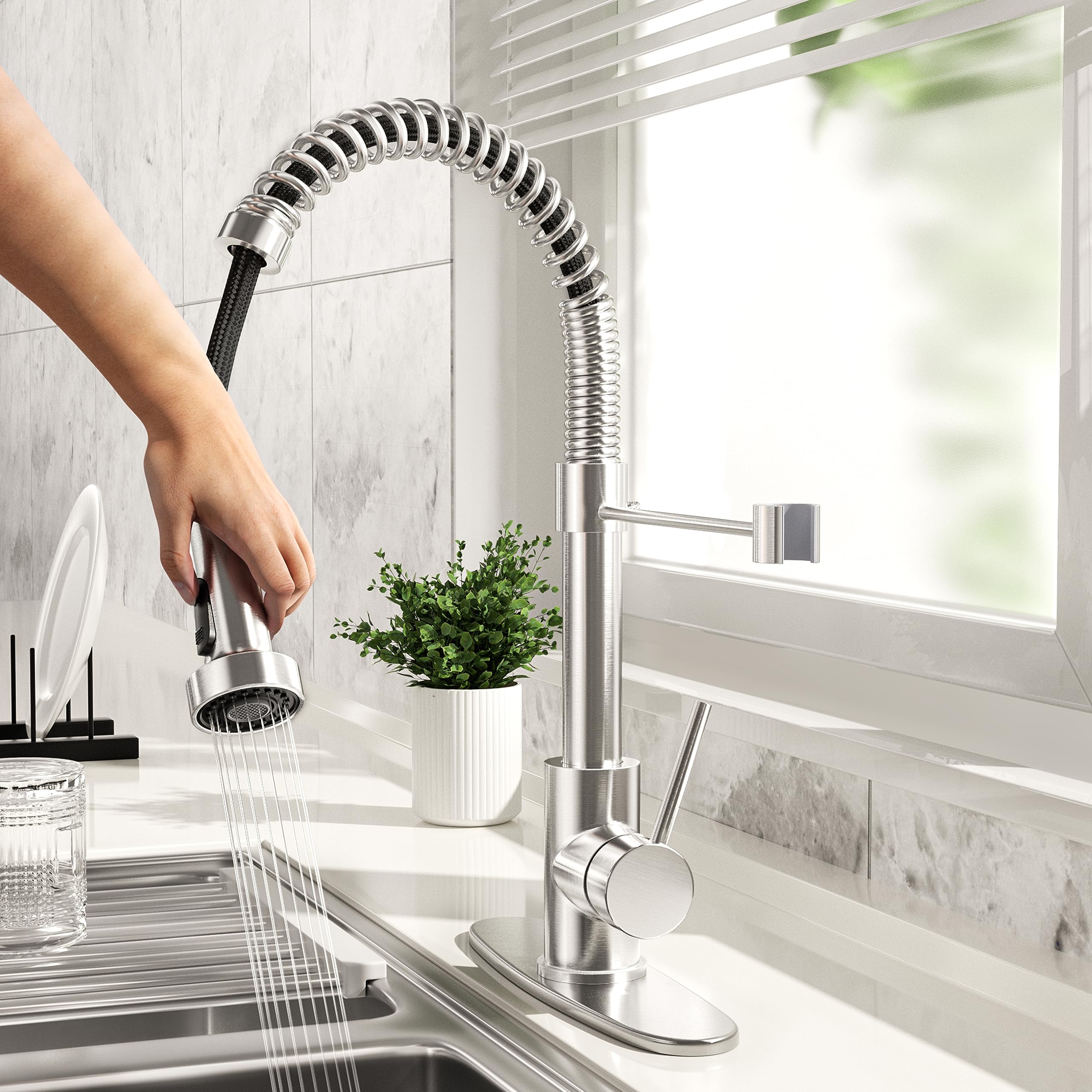 IBOFYY Brushed Nickel Kitchen Faucets Single Handle Commercial Kitchen Sink Faucet with Multifunctional Pull-Down Spout for Farmhouse RV Bar with 3 Hole Deck (Brushed Nickel)