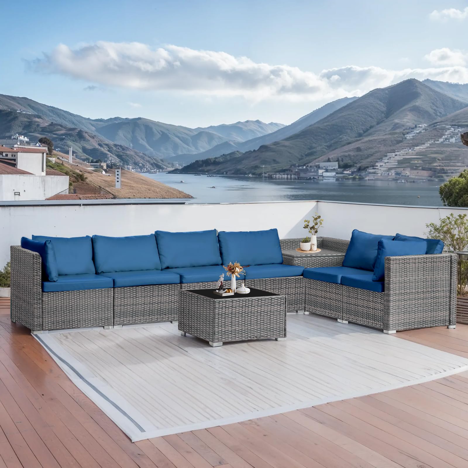8-Piece Outdoor Wicker Patio Furniture Set with Soft Cushions,Storage Space and Coffee Table for Poolside,Garden,Backyard. (Gray Rattan Blue Cushion)