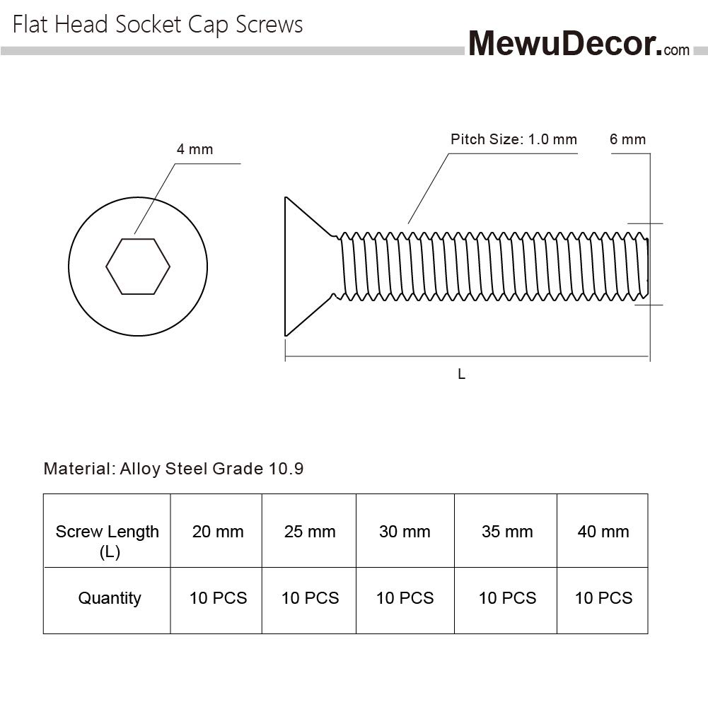 M6-1.0 x 20/25/30/35/40mm Flat Head Socket Cap Screws, Allen Socket Drive, Alloy Steel Grade 10.9, Black Oxide, 50 PCS
