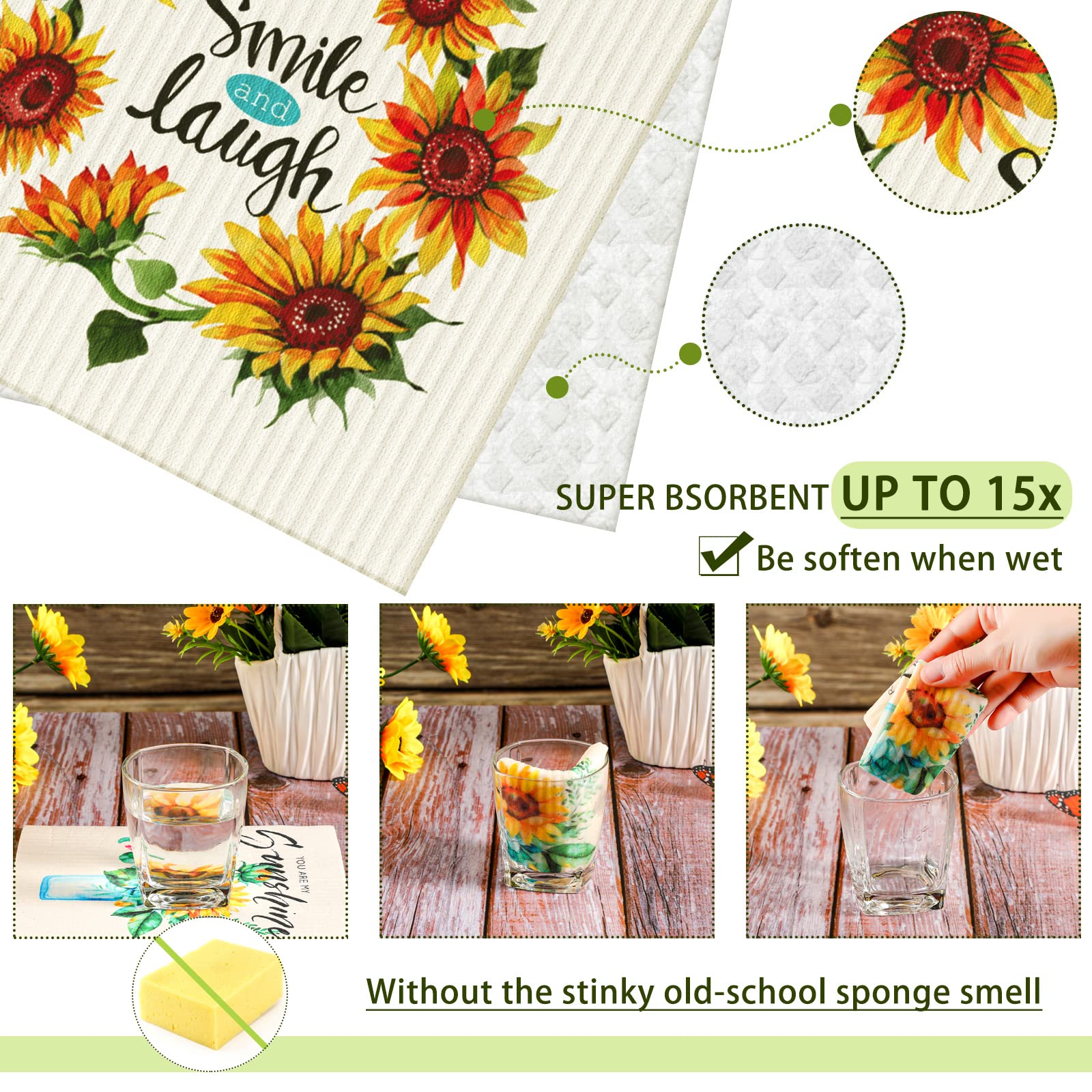 6 Pcs Swedish Kitchen Dishcloths Kitchen Towels, Absorbent Dish Towels, Reusable Sponge Cleaning Dish Cloths Quick Drying Washable Decorative Tea Towels No Odor Bar Hand Towel (Sunflower)