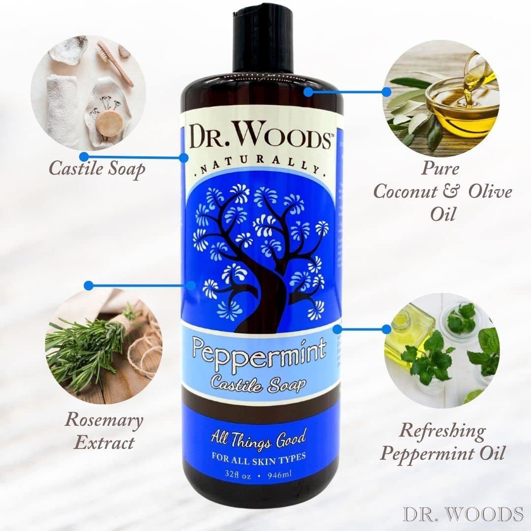 Dr. Woods Pure Peppermint Liquid Castile Soap, 32 Ounce (Pack of 3)