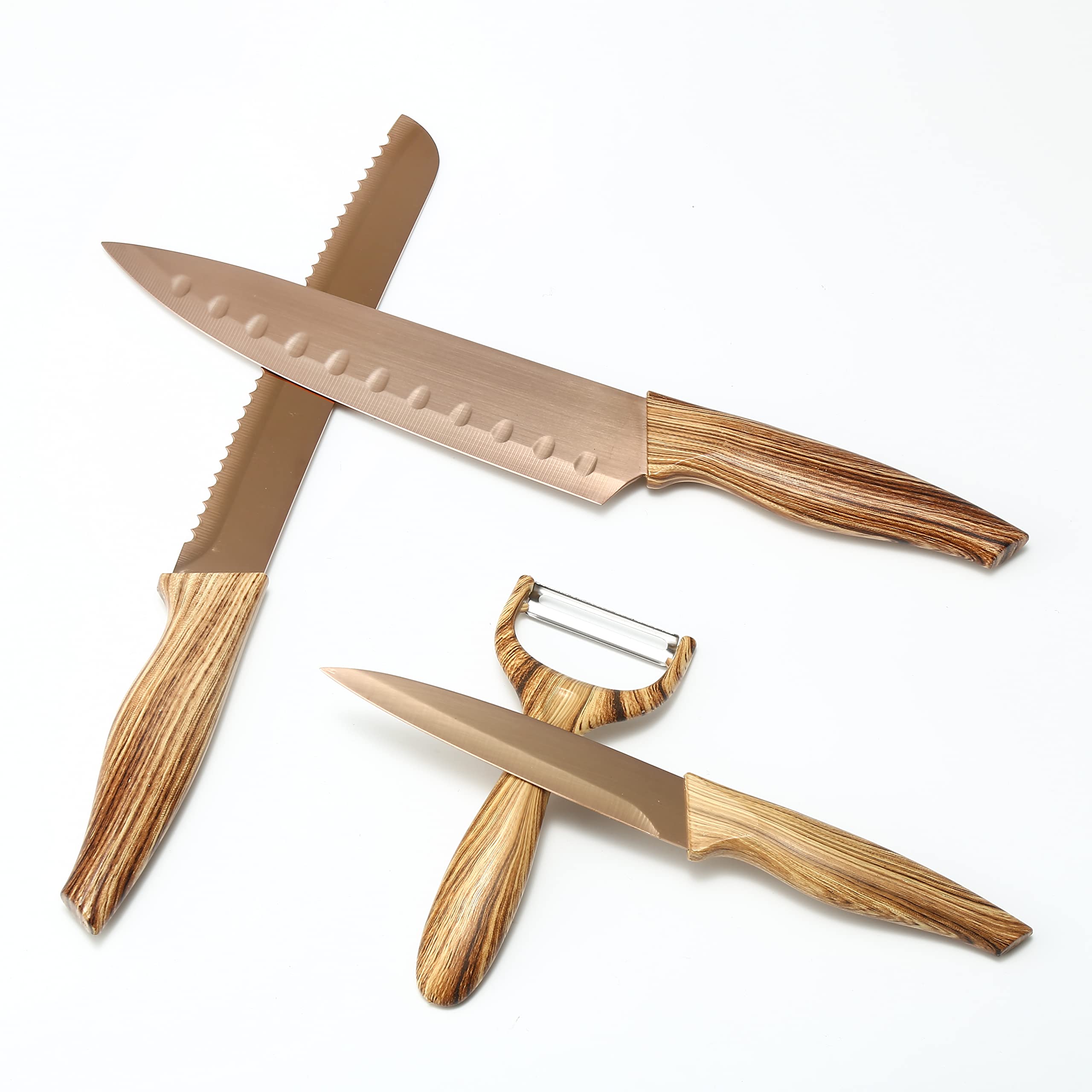 MAOMIDA Knife Set - Luxury rose Gold kitchen Knife set, titanium coated 4 piece stainless steel hollow handle golden kitchen knife set wood grain knife