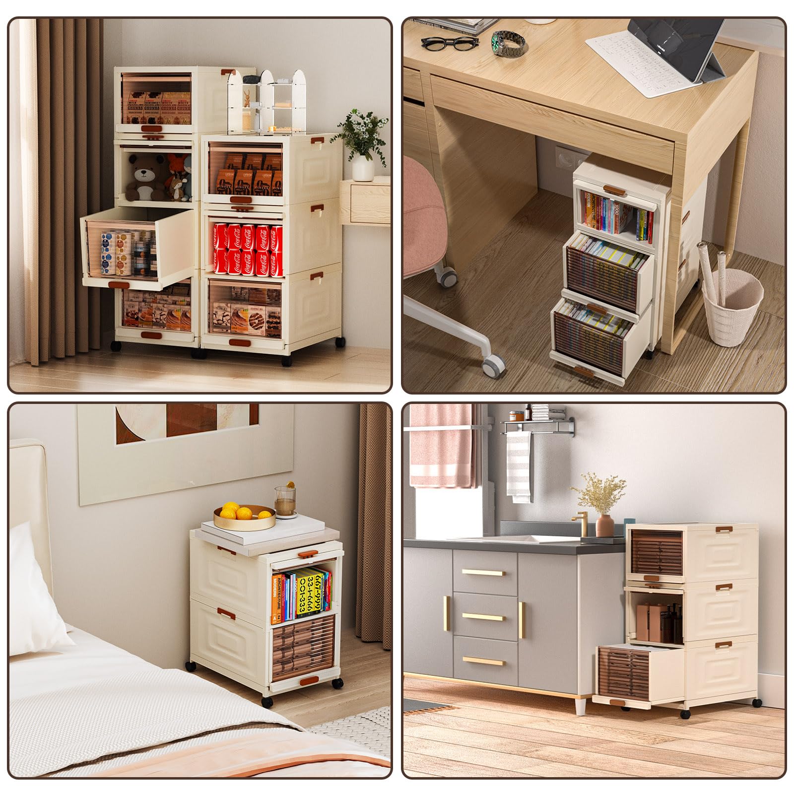 NIRIAHO 34Qt Stackable Storage Drawers, 2 Tier Collapsible Storage Bins with Lids, Plastic Stackable Storage Bins with Wheels for Closet Organizers and Storage, Snack Cabinet (Milky Brown)