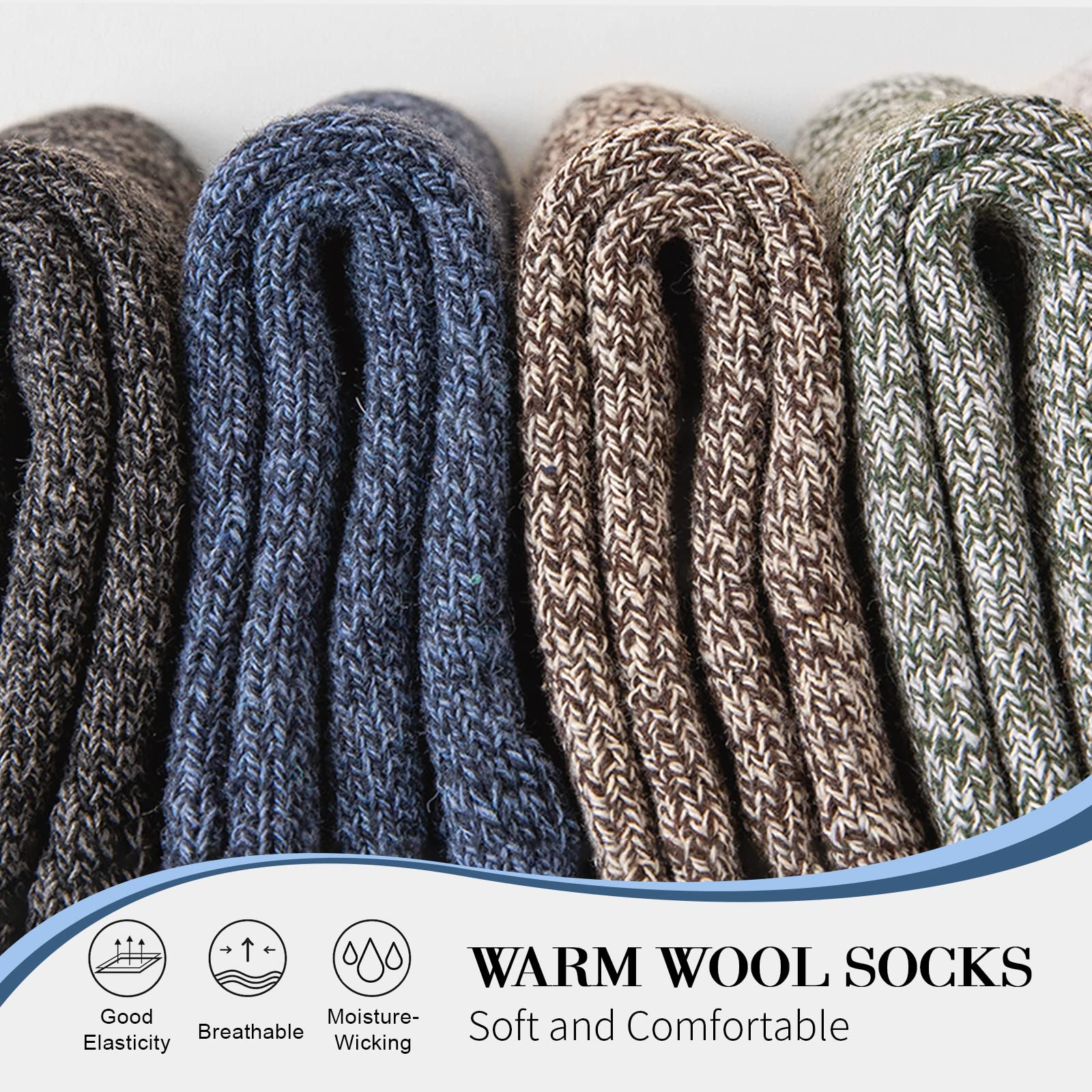 5 Pairs Wool Socks Mens, Warm Winter Socks, Soft Wool Hiking Socks, Casual Crew Socks for Men