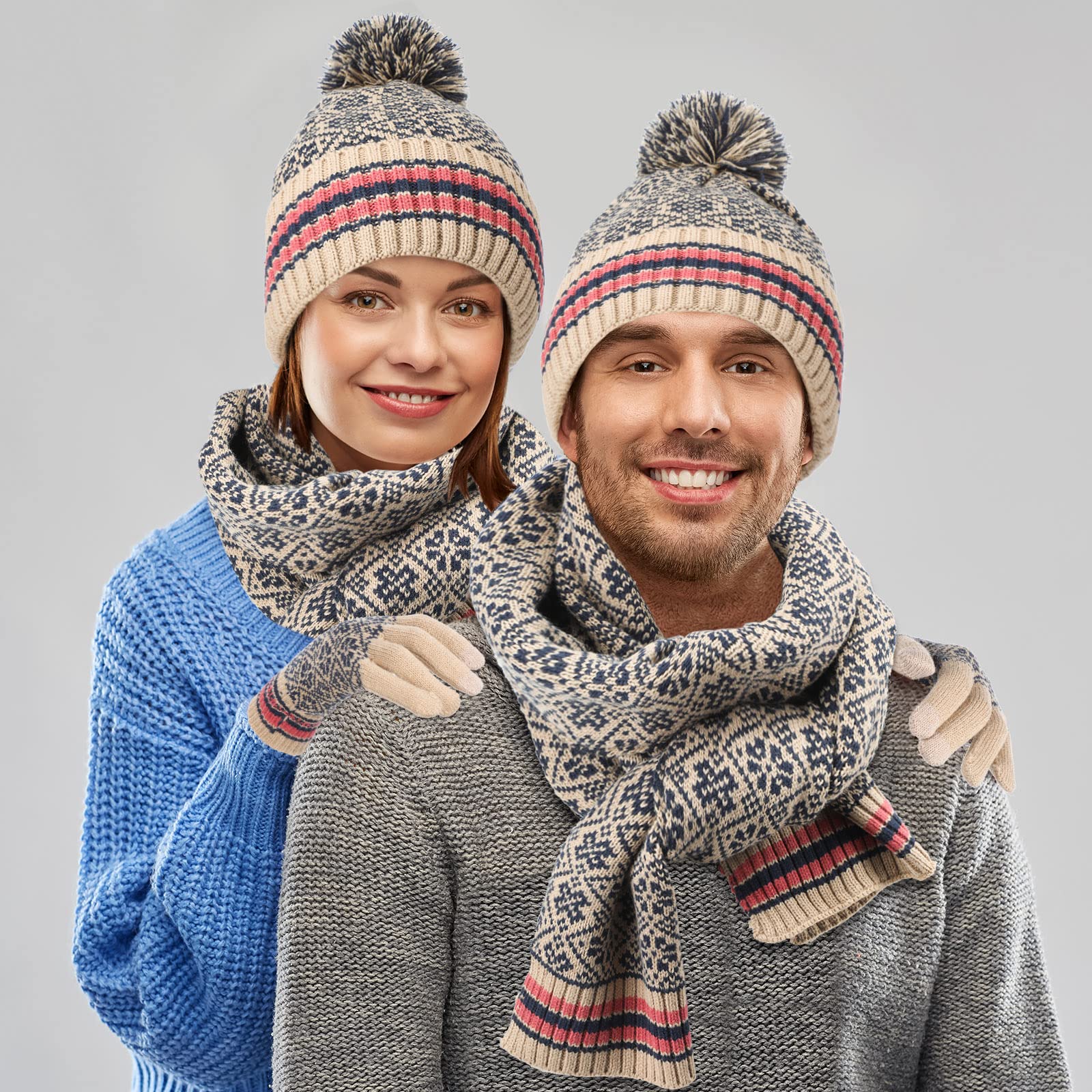 5 in 1 Women Soft Warm Thick Cable Knitted Beanie Hat Scarf Gloves Socks Earmuff Set Thickened Lining Cap Touchscreen Gloves (Beige, Khaki)