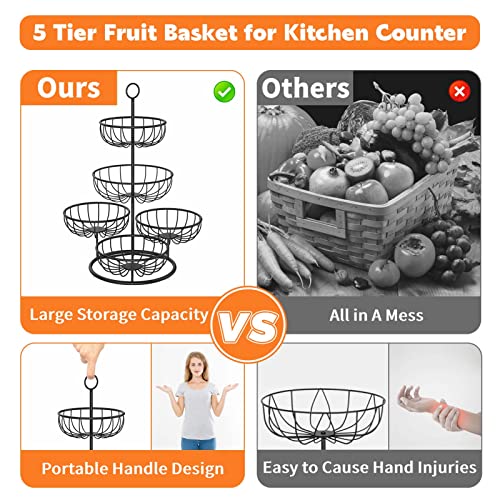 5 Tier Fruit Basket for Kitchen Counter, Large Capacity Metal Wire Countertop Fruit Bowl Vegetables Storage, Detachable SnacksĀ Stand Holder Organizer for Onions Potatoes Produce, Black