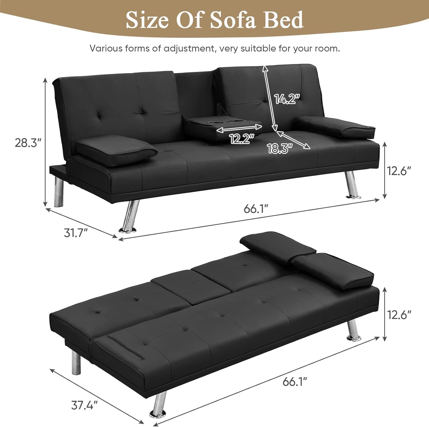 Anwickmak Convertible Futon Sofa Bed,PU Leather Modern Couch Loveseat Sleeper, Folding Daybed Guest Bed, Removable Armrests, 2 Cup Holders, Metal Legs (Black)