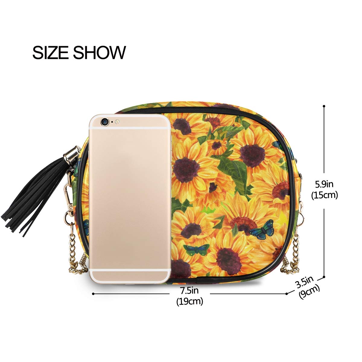 ALAZA Women's Vintage Sunflower with Butterfly Cross Body Bag Chain Shoulder Handbag Purse with Tassel