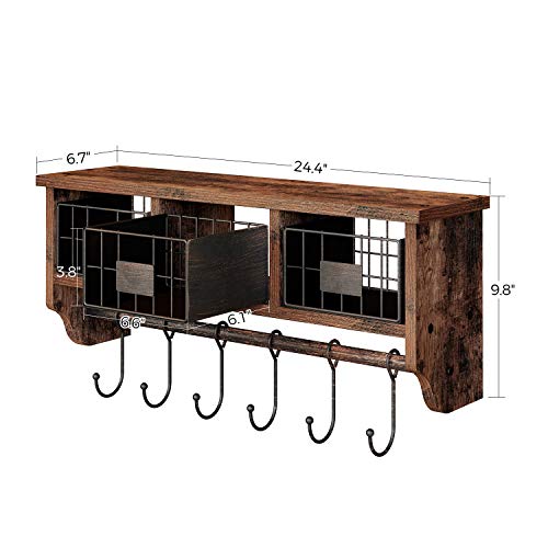 Rolanstar Wall Mounted Shelf with Hooks, Entryway Organizer Shelf with Storage Basket, Wall Mount Coat Rack with 6 Hooks, 24β Coffee Bar Hanging Shelf for Living Room,Bathroom,Kitchen,Rustic Brown