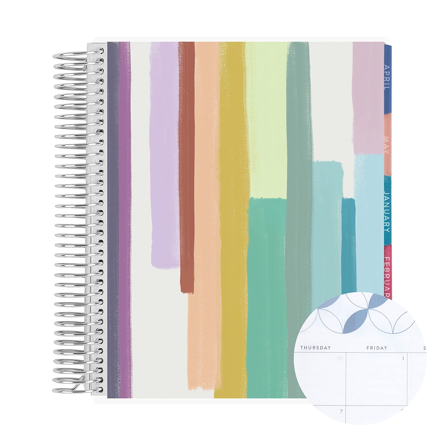 8.5" x 11" Spiral Bound 12 Month Planner ( Jan 2022 - Dec 2022 ) - Painted Stripes w/ Mid Century Circles. 80 lb. Mohawk Paper. Dated Spreads, Lined Pages & Stickers by Erin Condren.