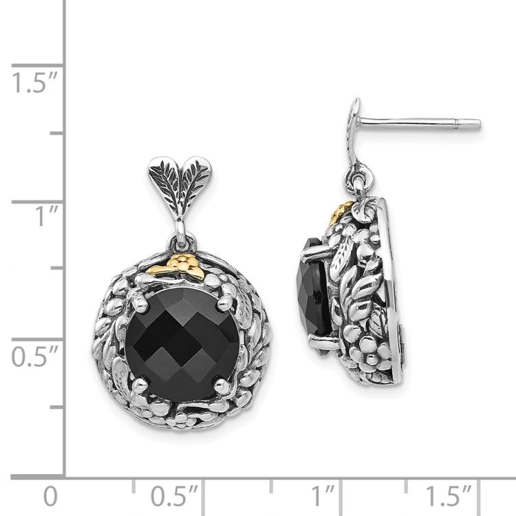 925 Sterling Silver and 14k Yellow Gold Onyx Post Dangle Earrings Fine Jewelry For Women Gifts For Her