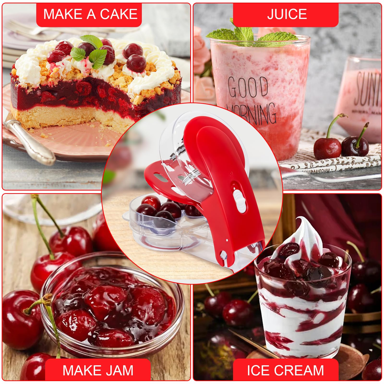 6-in-1 Cherry Pitter Tool - Portable Push-Down Cherries Seed Remover, Ergonomic handle Design for Kitchen, Picnics