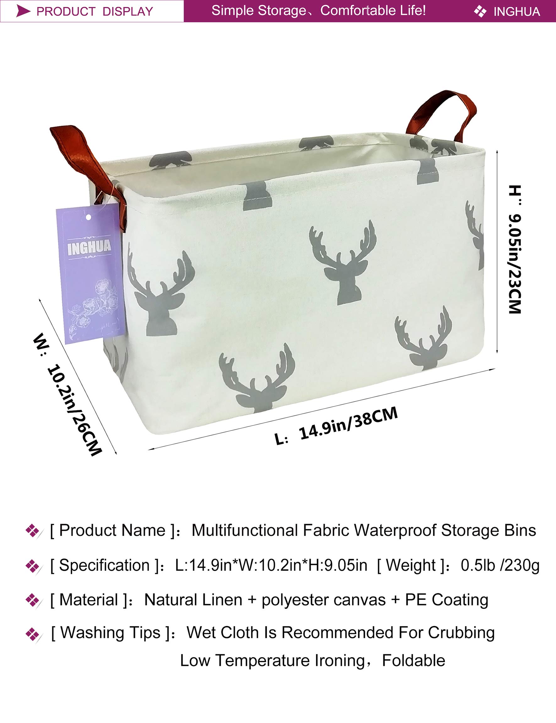 INGHUA Rectangular Storage Basket Fabric Organizer Bin for Toys,Books,Clothes,Gifts,Pets-Perfect for Home,Office,Nursery,Dorm,Shelf(Rec grey deer)