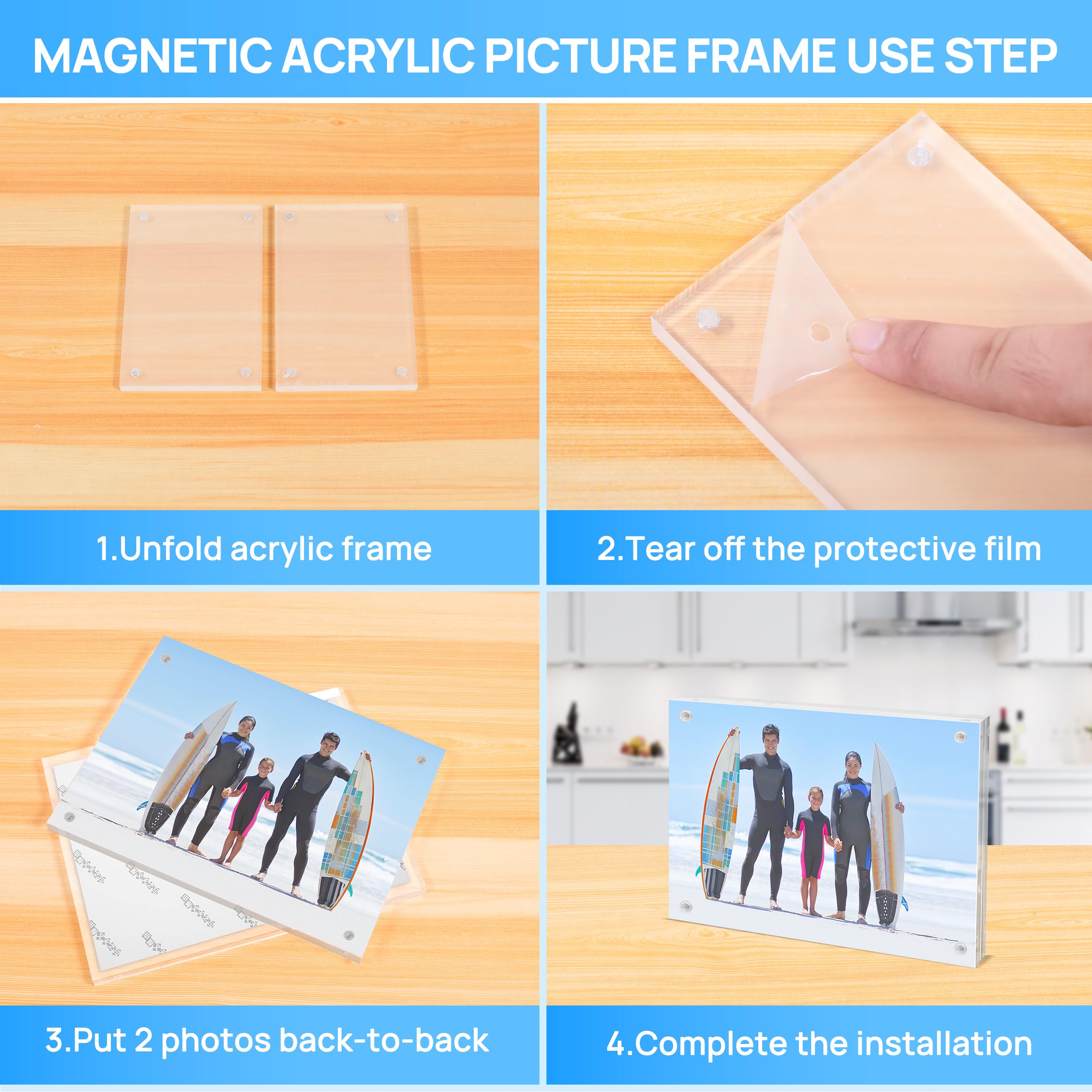 A & R 5 Packs 5 x 7 Acrylic Photo Frames, Magnetic Picture Frame, Double Sided Self Standing Clear Photo Frame 10 + 10 MM Thick Clear Acrylic Wall Mount