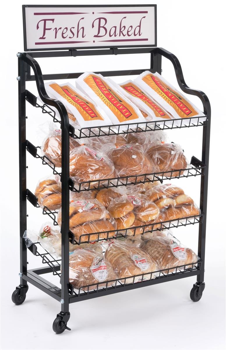 Displays2go Wheeled Metal Rack with Four Tilting Wire Shelves, Black (BAKCRT4NBK)