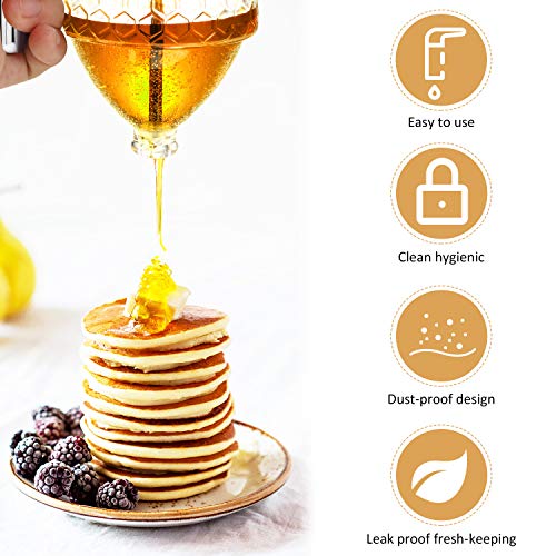 Acrylic Honey Dispenser with Stand Honey Comb Shaped Honey Pot, Syrup and Sugar Jar Pot, No Drip Honey Dispenser with High Capacity Honey Pourer Dispenser