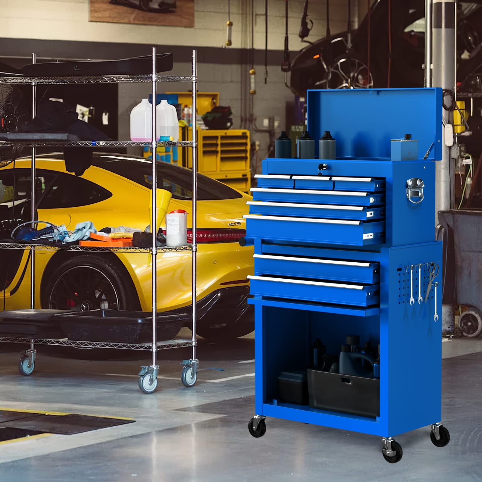 8-Drawer Tool Chest Toolbox, Rolling Tool Chest with Wheels, High Capacity Detachable Mobile Tool Storage Cabinet for Workshop, Garage, Mechanics and Repair Room(Cool Blue)