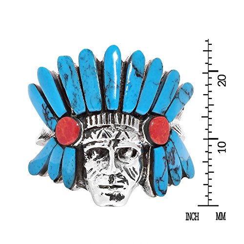 AeraVida Native American Indian Chief Blue Simulated Turquoise and Reconstructed Red Coral .925 Sterling Silver Ring (8)